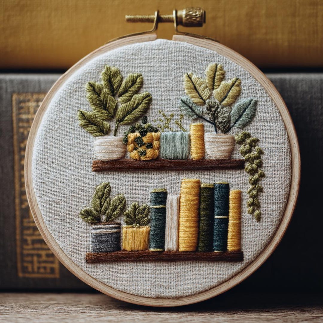 Cozy Bookshelf Embroidery Pattern – PDF Plant Shelf Hoop Art for Book ...