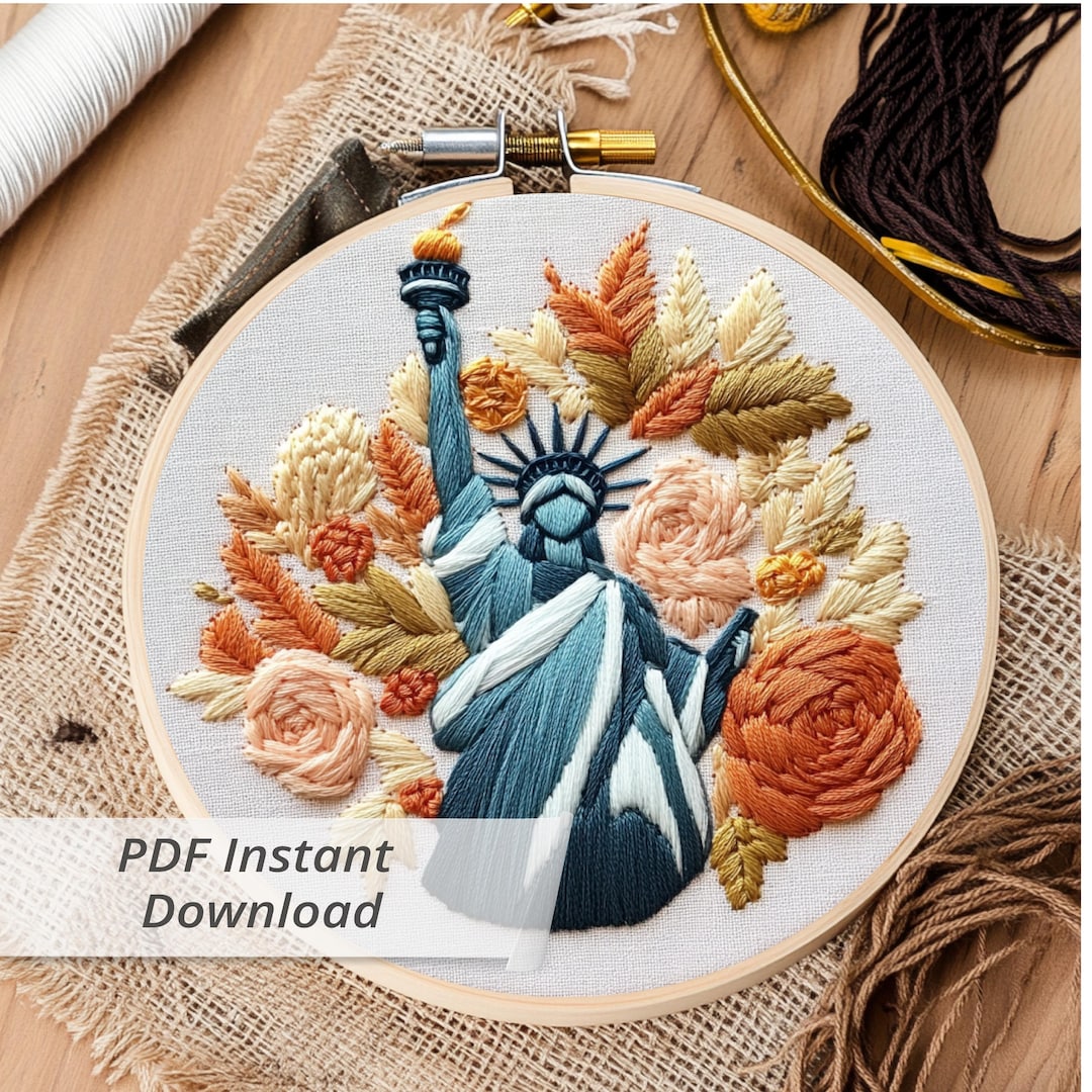 Statue of Liberty Embroidery Pattern: Patriotic Floral Design (PDF) - Etsy