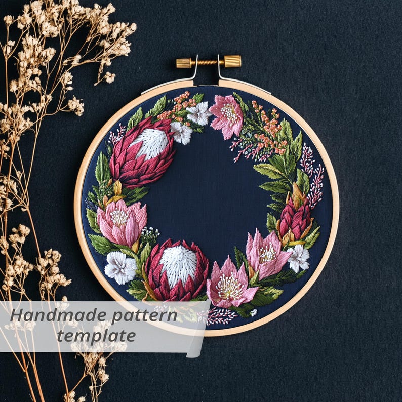 Wreath Embroidery Design of Protea and Flowers Protea Floral Embroidery ...