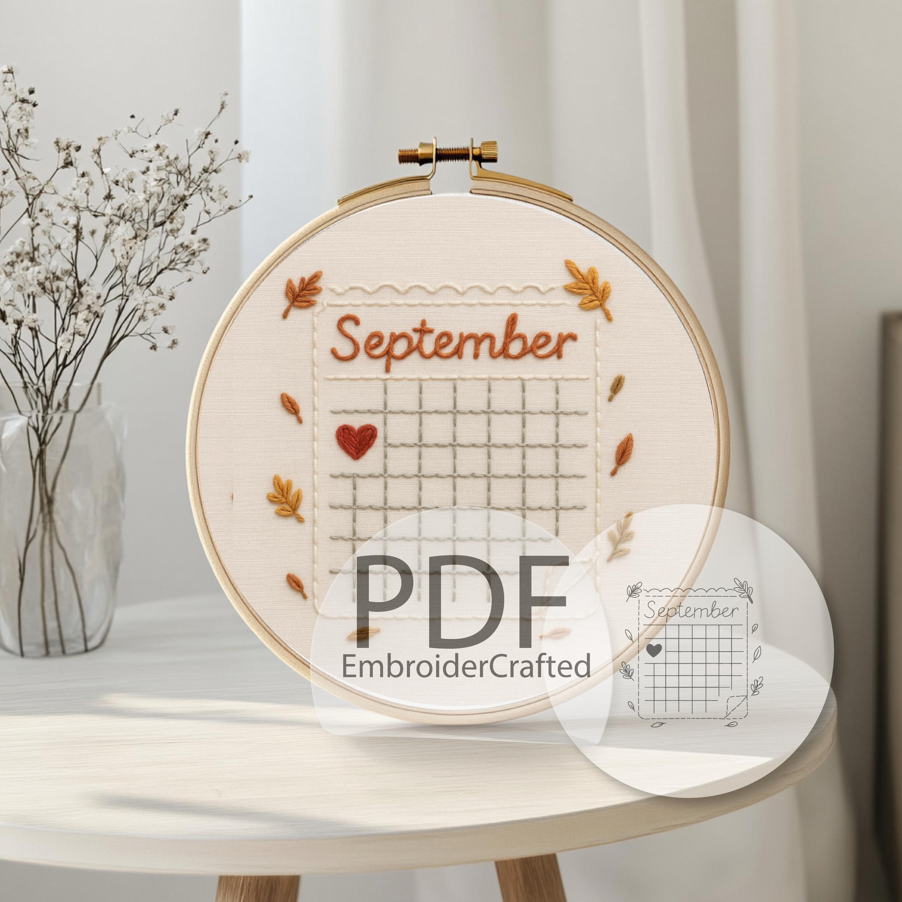 September Calendar Embroidery Pattern: Autumn Leaves Hoop Art (PDF ...