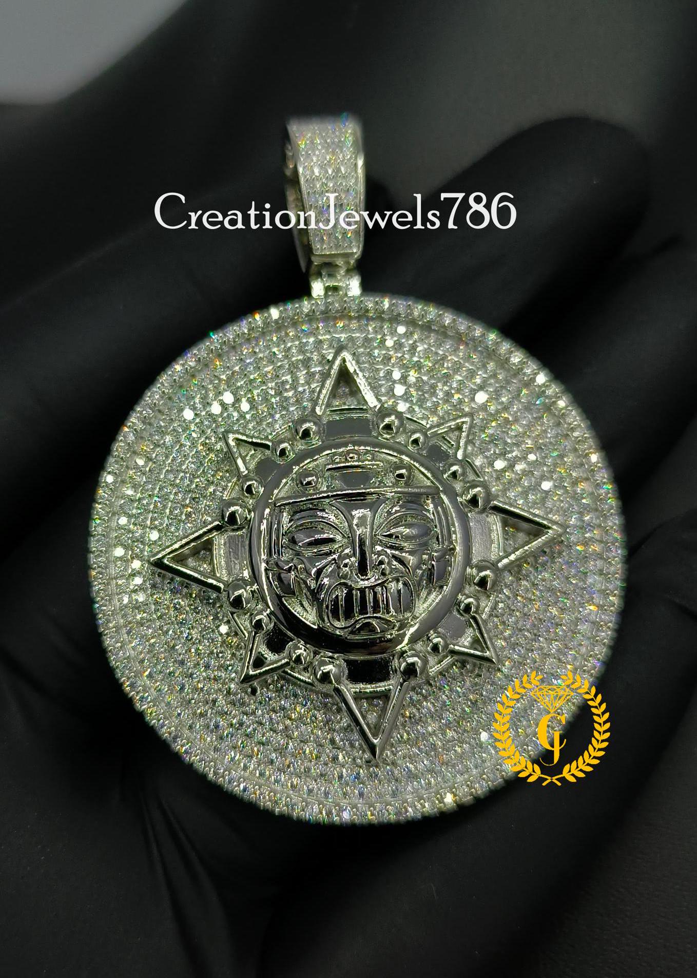 Aztec Sun God Mayan Calendar Round Moissanite Test Passer Pendant 925 ...