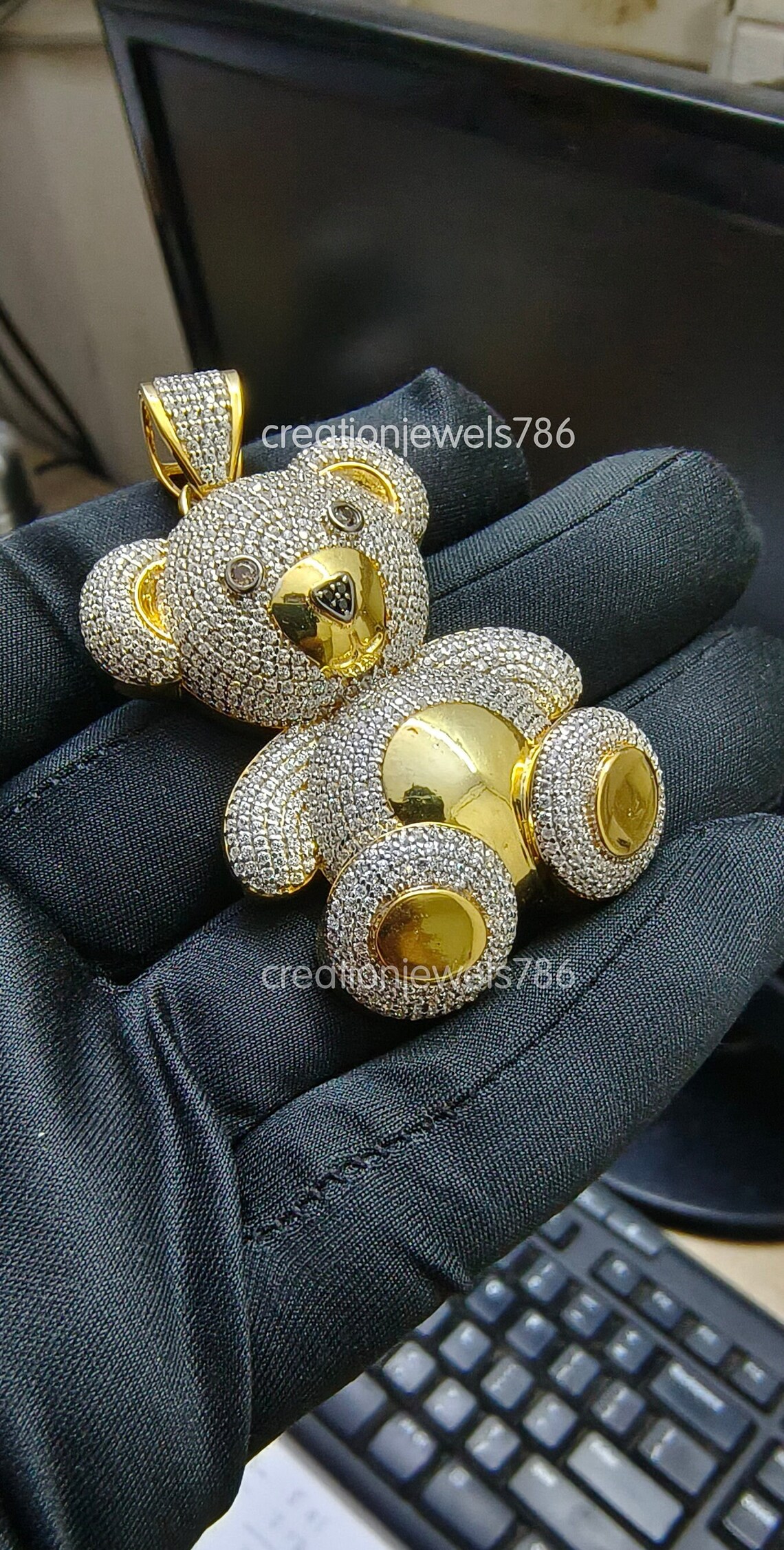 14k Yellow Gold Plated Teddy Bear Pendant, Test Passer Moissanite ...