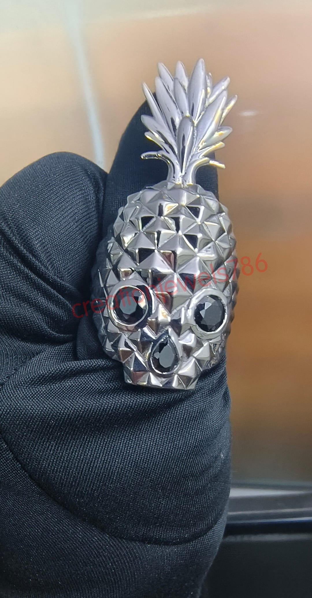 Pineapple Fruit Ring Solid 925 Sterling Silver With Simulated Black ...