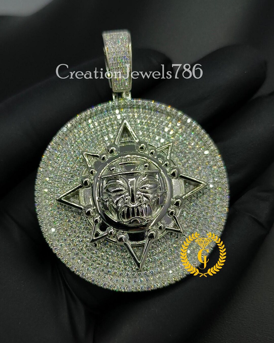 Aztec Sun God Mayan Calendar Round Moissanite Test Passer Pendant 925 ...