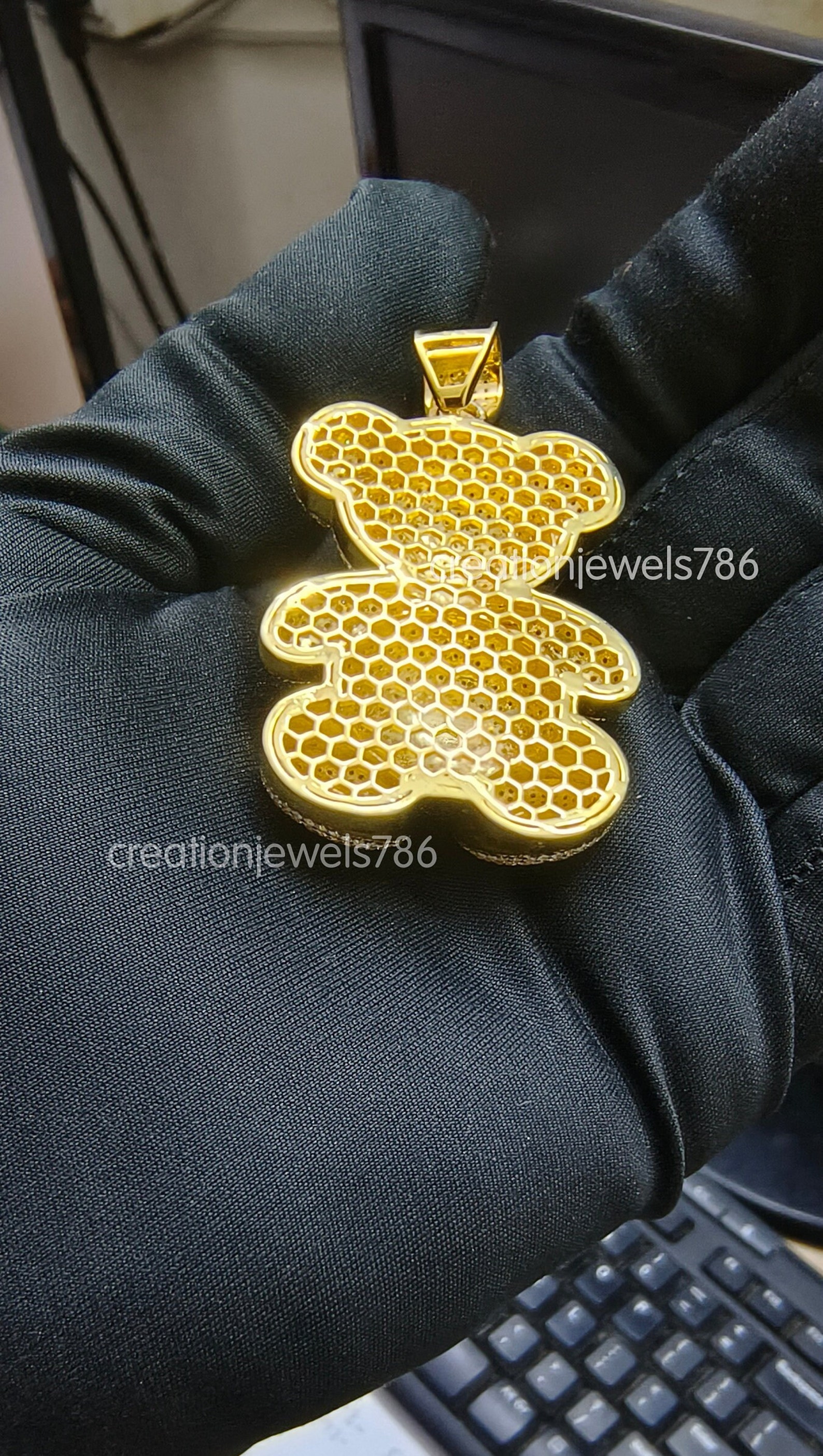 14k Yellow Gold Plated Teddy Bear Pendant, Test Passer Moissanite ...