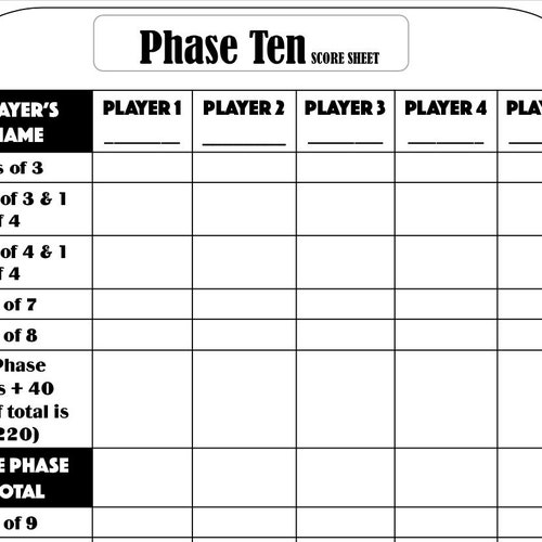 Phase Ten Score Card Phase Ten Scoresheet Phase Ten Score - Etsy Canada