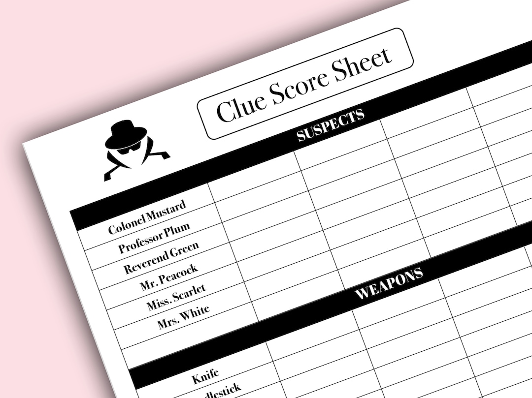 Clue Score Card - Clue Scoresheet - Clue Score Pads - Printable File ...