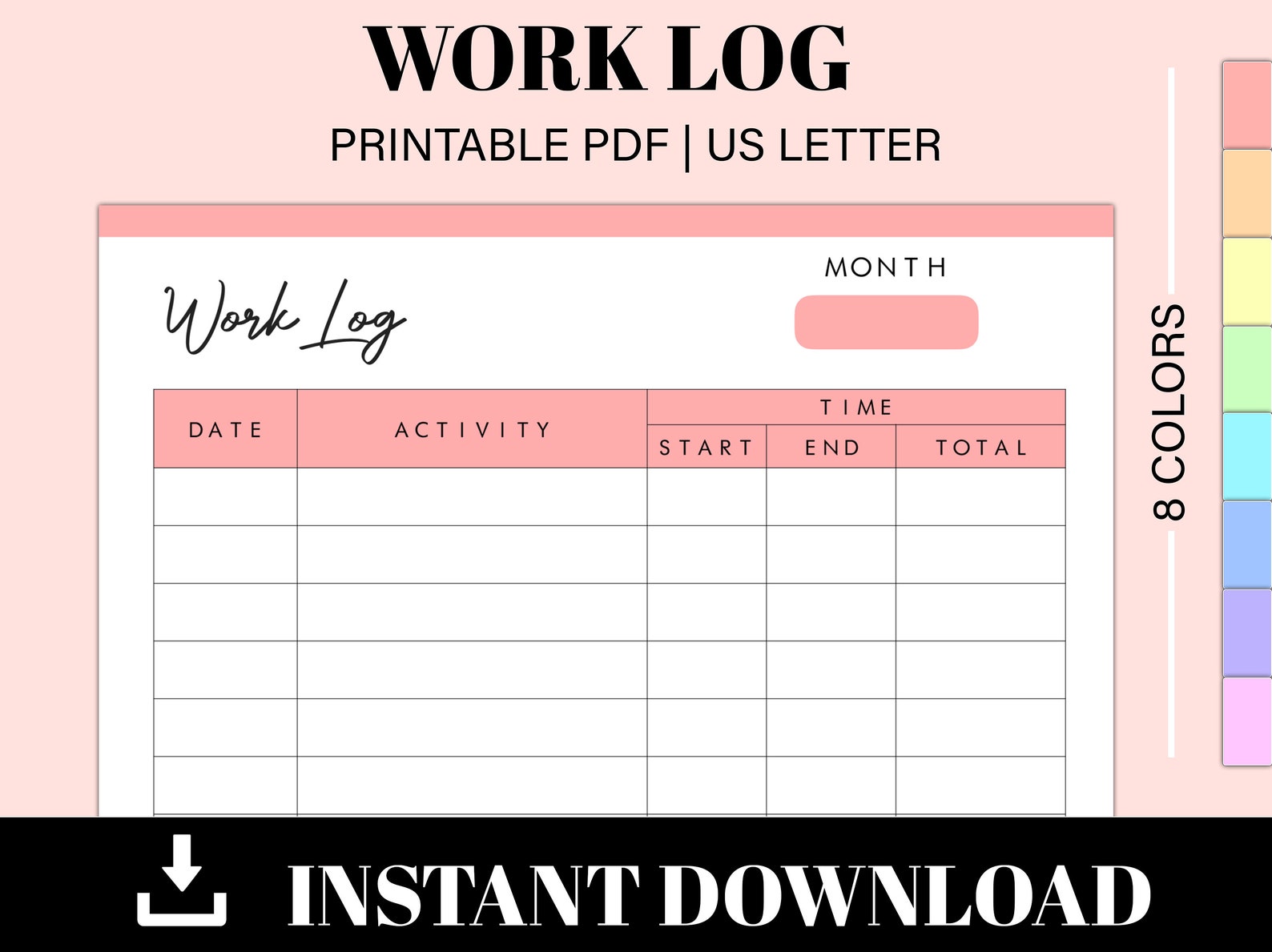 Work Log Printable - Working Hours Log - Time Spent Tracker - Working ...
