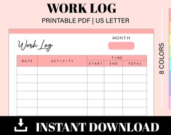 Work Log Printable Working Hours Log Time Spent Tracker - Etsy