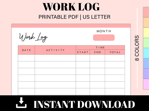 Work Log Printable Working Hours Log Time Spent Tracker | Etsy