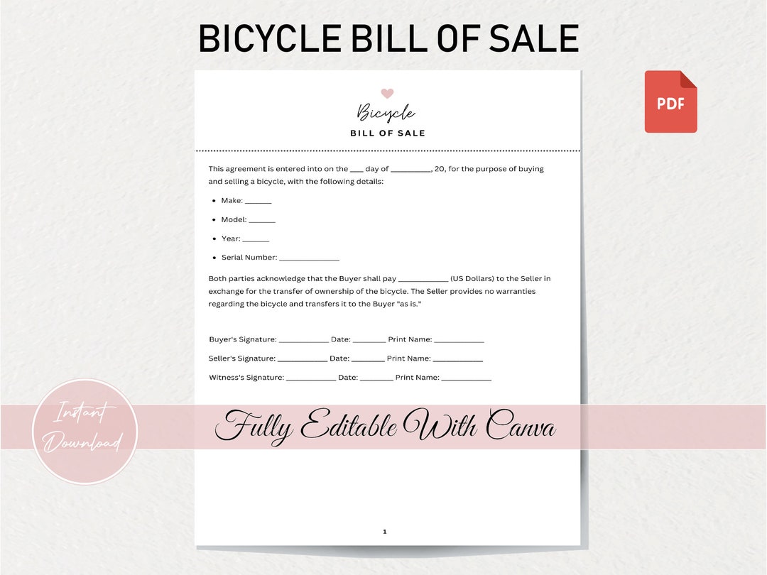 Bicycle Bill of Sale Template | Bike Purchase Form | Cycling ...