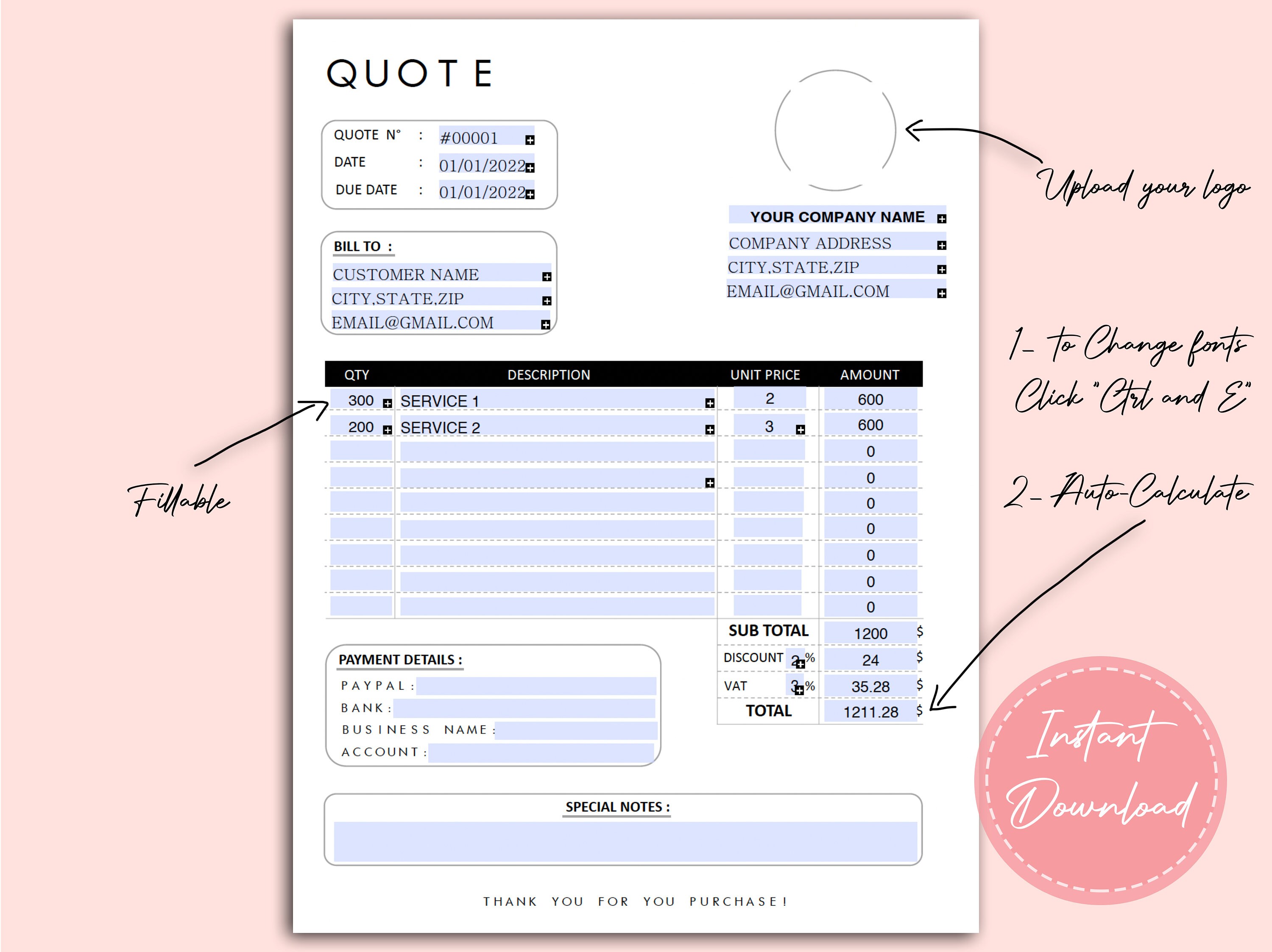 Editable Business Quote Template: Custom Invoice Form (PDF Instant ...