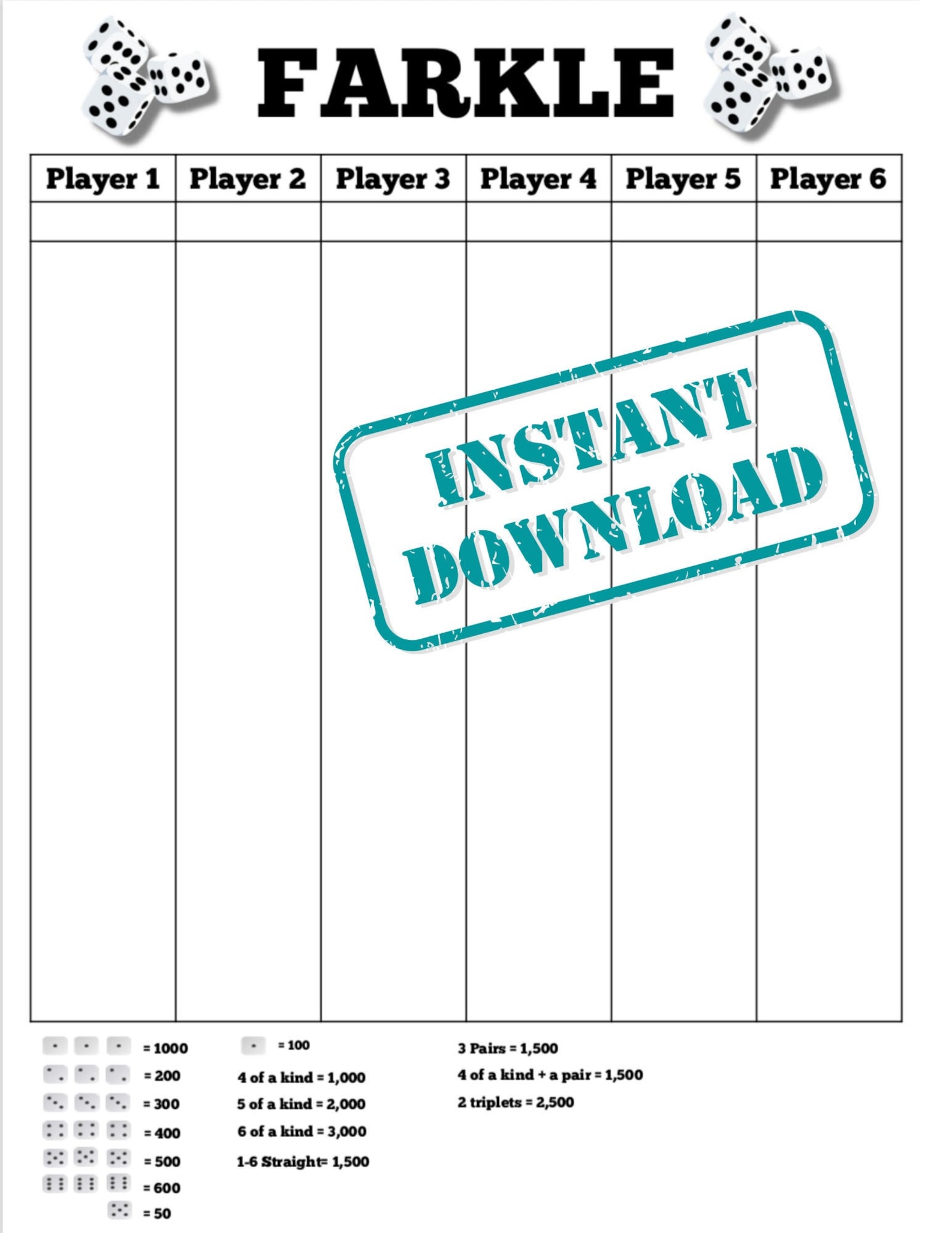 Farkle Score Card Printable File - PDF Download 8.5x11 - Etsy