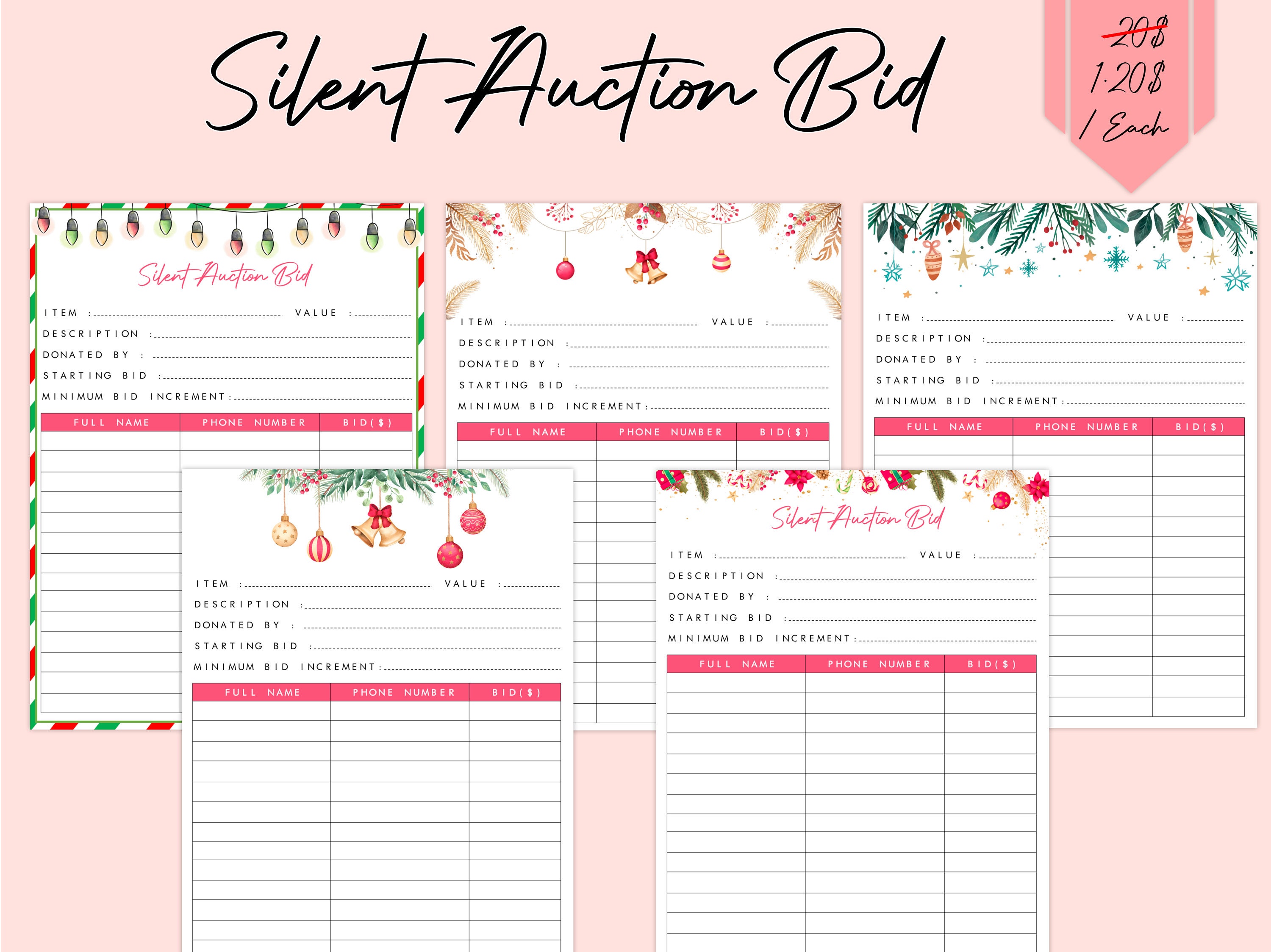 Editable Christmas Silent Auction Bid Sheet | Fundraiser Event ...