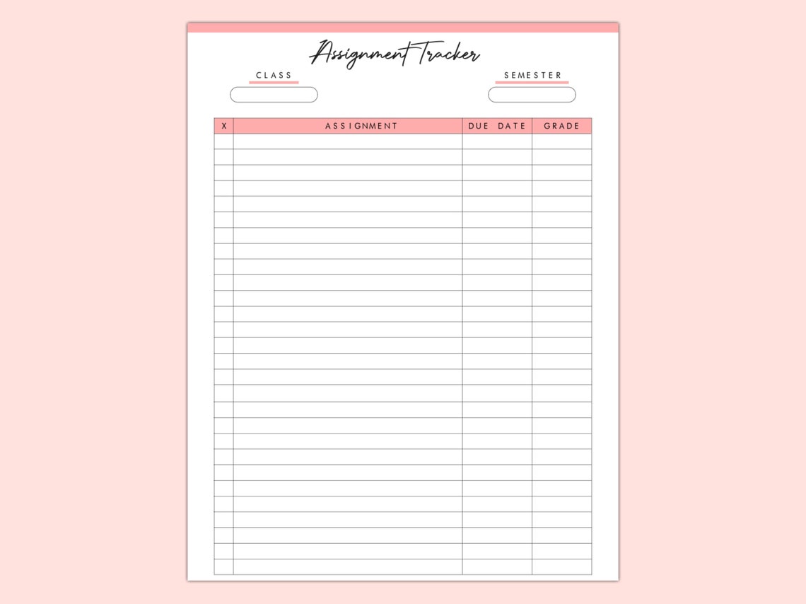 Assignment Tracker Printable - Assignment Log - Homework Planner ...