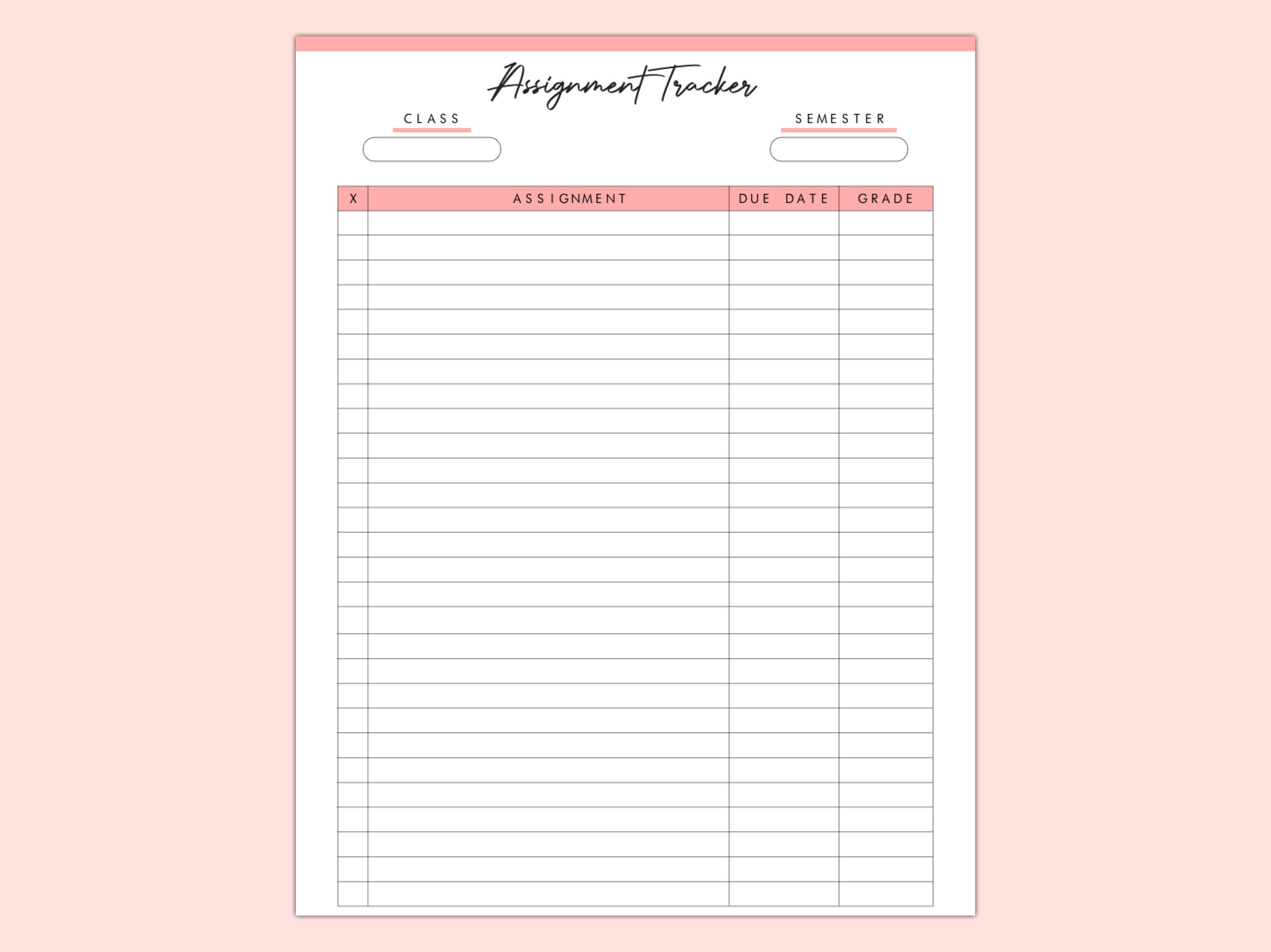 Assignment Tracker Printable - Assignment Log - Homework Planner ...