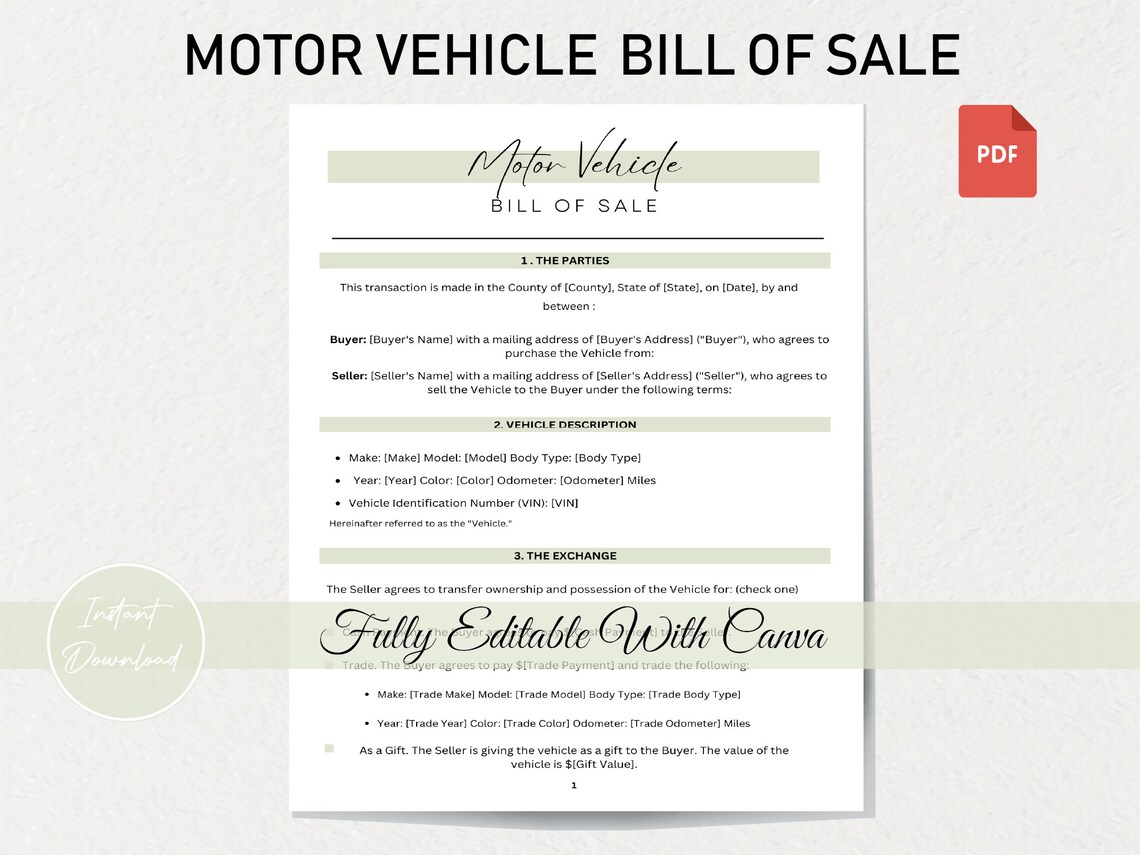 Dmv-approved Motor Vehicle Bill of Sale Template | Private Car Sale ...