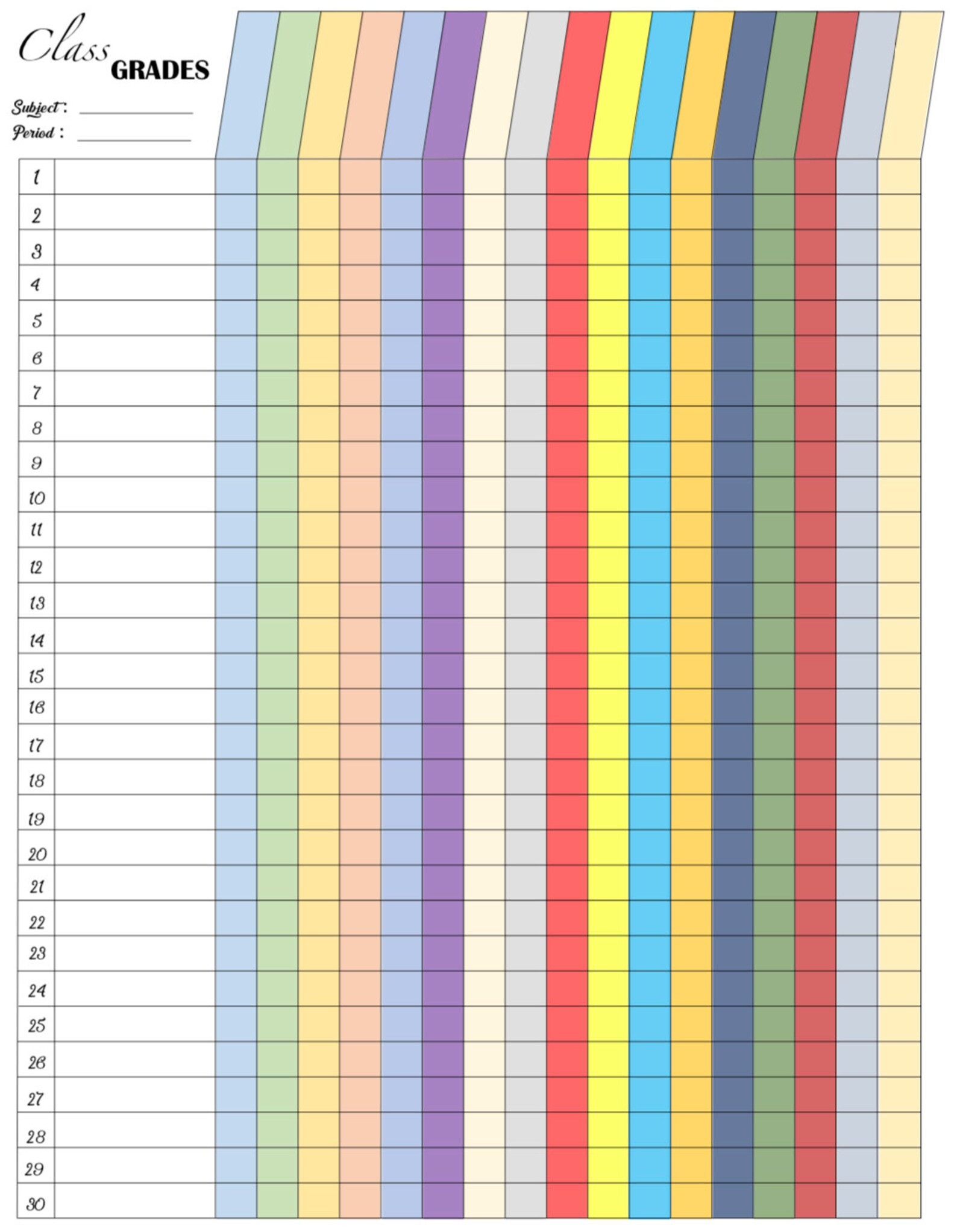 Colorful Grade Sheet, Grade Book, Grade Tracker, Teacher Gradebook, ( 5 ...