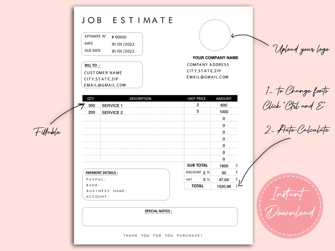 Editable Job Estimate | Printable Job Estimate Template | Business ...