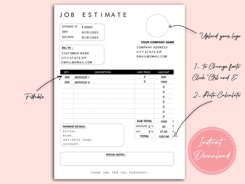 Editable Job Estimate | Printable Job Estimate Template | Business ...