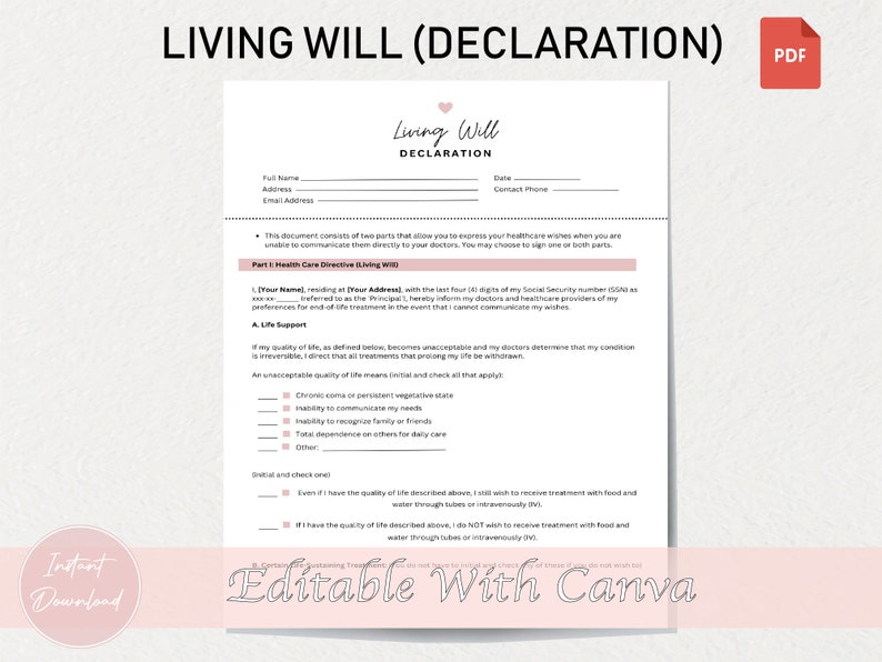 Editable Living Will Kit: Living Will Declaration and Health Care Power ...