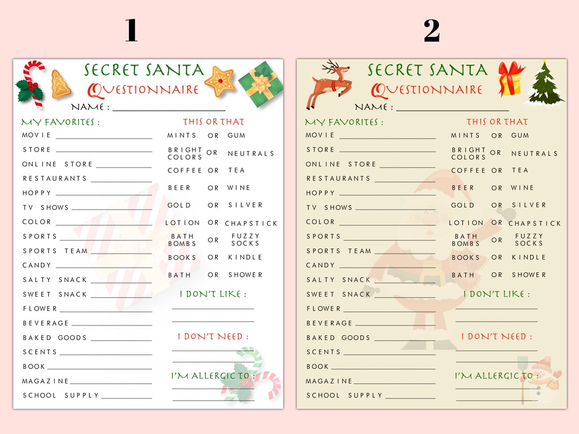 Printable Secret Santa Questionnaire | Christmas Secret Santa ...