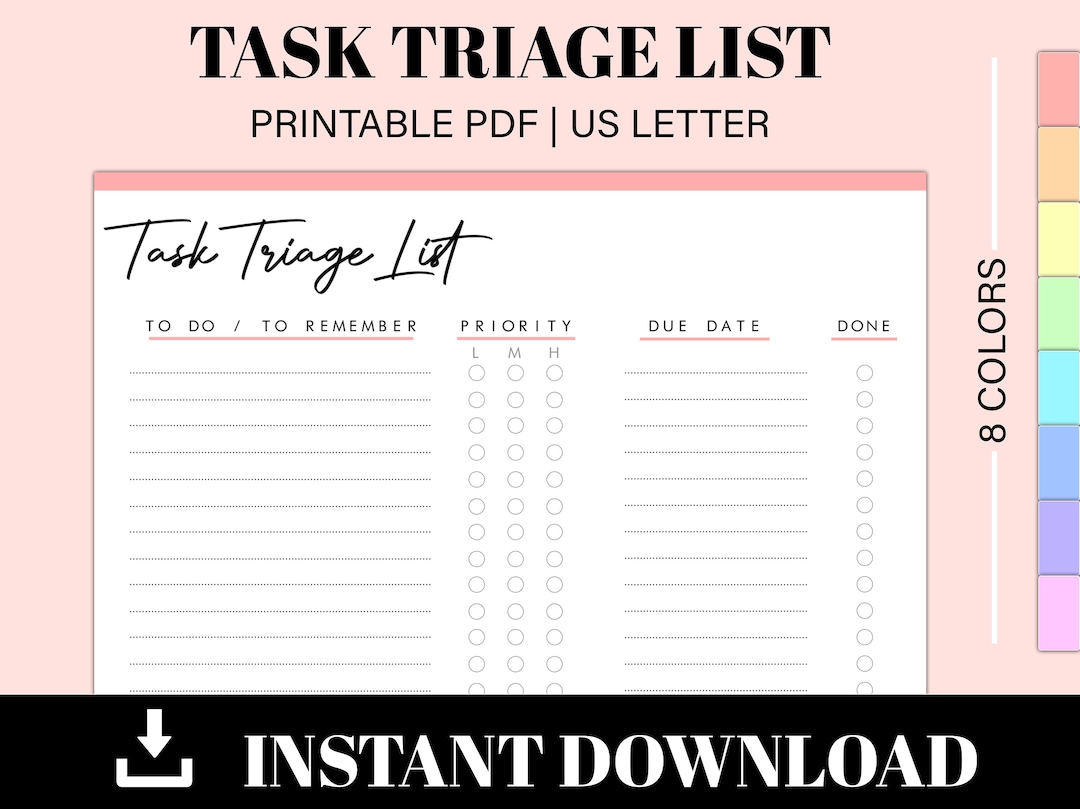 Printable Task Triage | to Do List | Task List | Triage List | Triage Task List | Instant ...