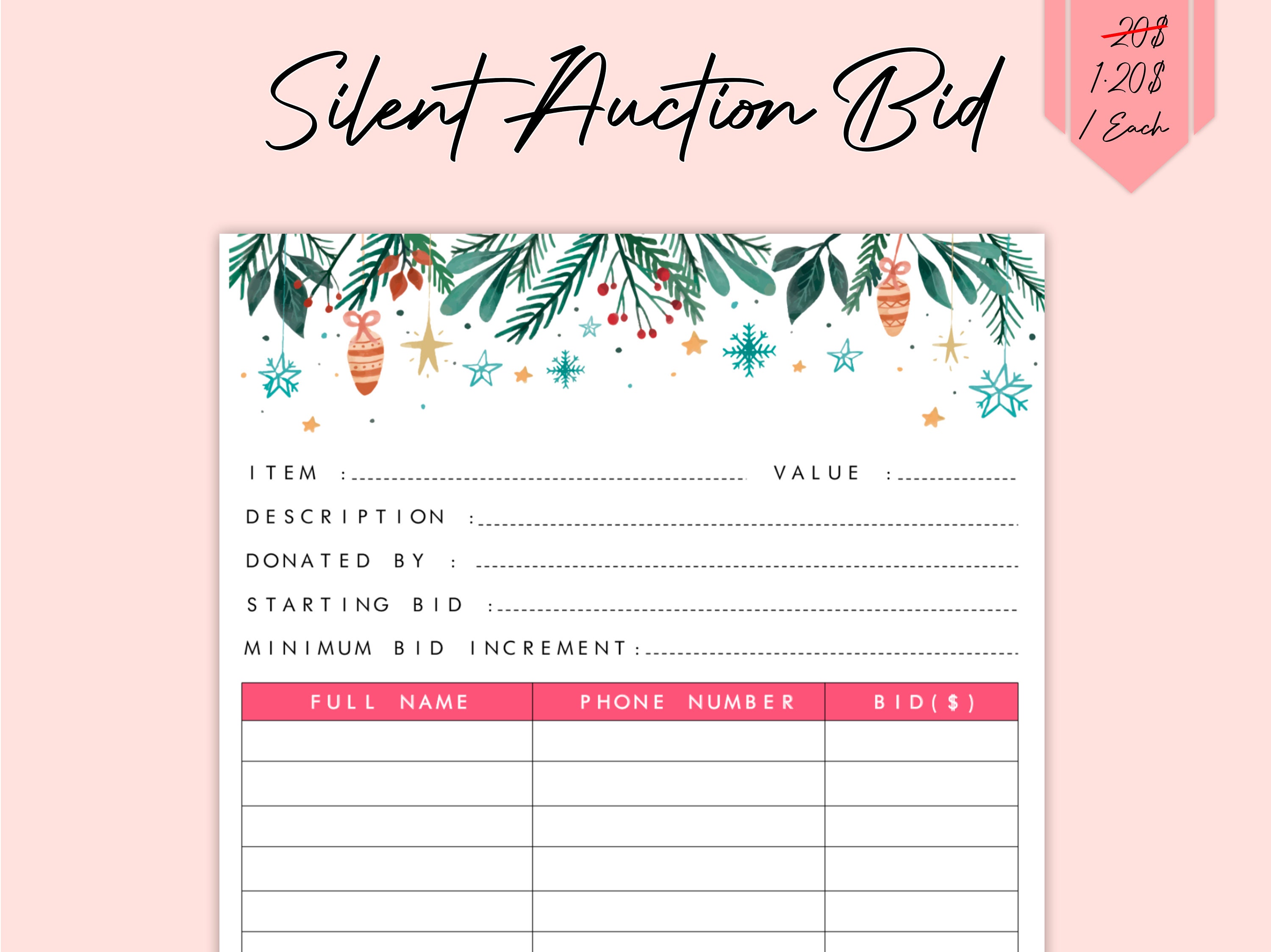 Editable Christmas Silent Auction Bid Sheet | Fundraiser Event ...