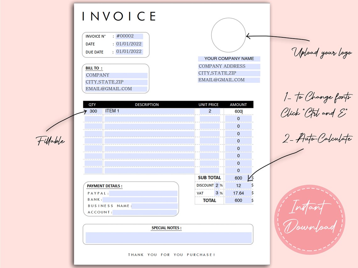 Editable Invoice Template | Printable Invoice Template | Business ...