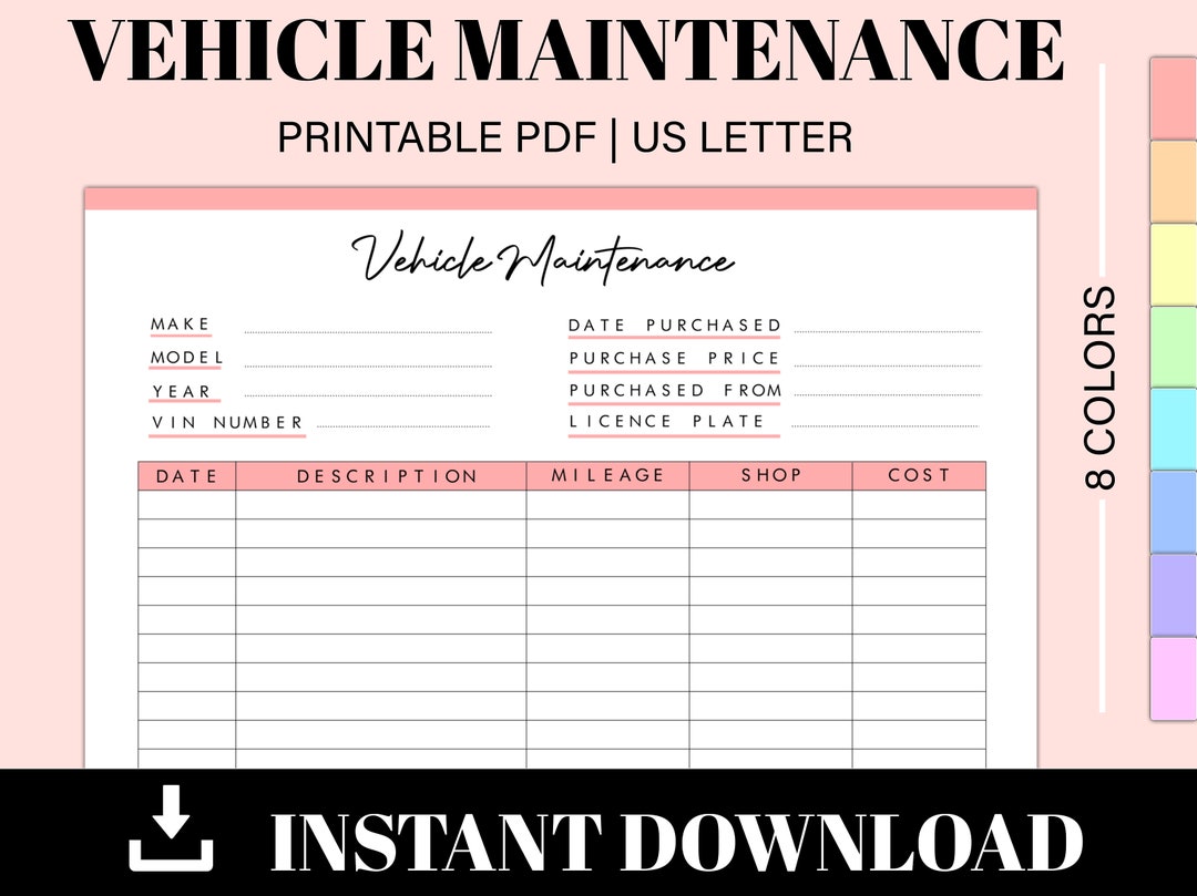 Vehicle Maintenance Log Printable | Vehicle Repair Log | Vehicle ...