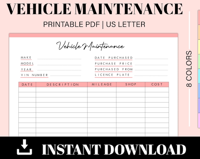 Printable Vehicle Maintenance Log. Auto Repairs & Service Checklist ...