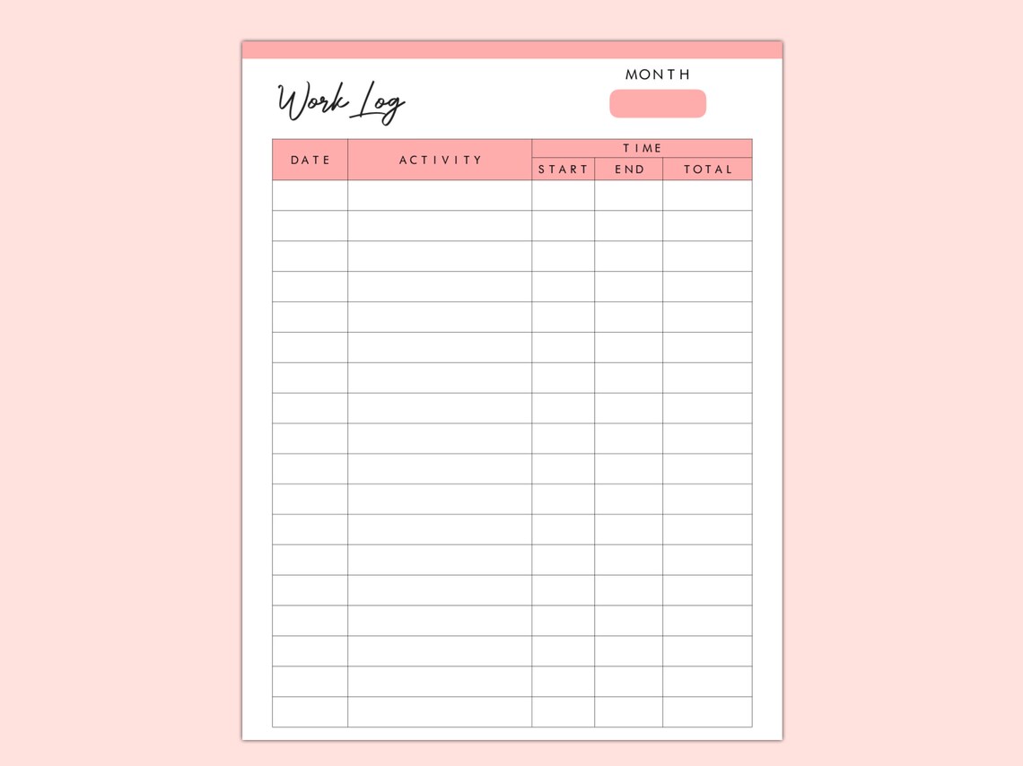 Work Log Printable - Working Hours Log - Time Spent Tracker - Working ...