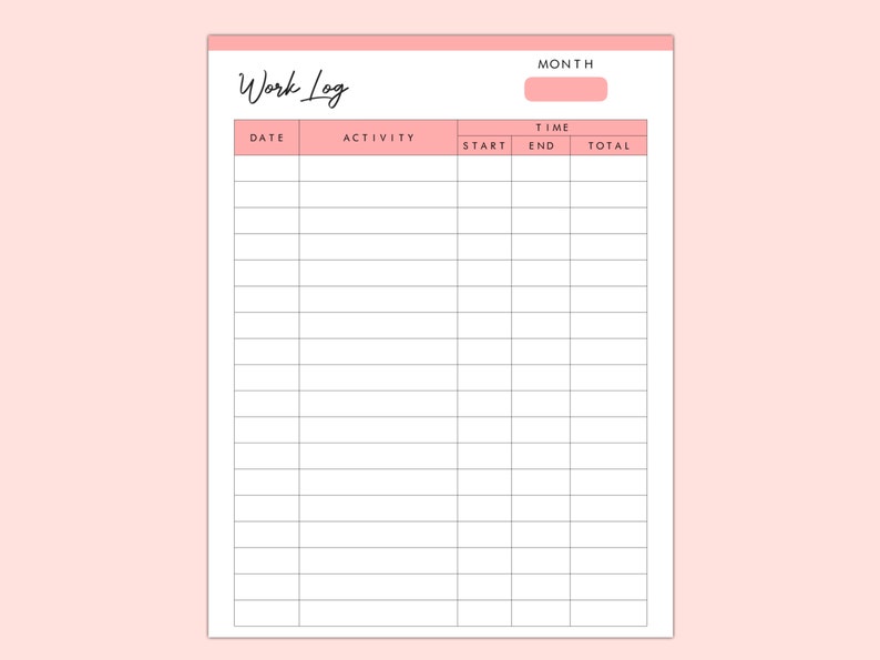 Work Log Printable - Working Hours Log - Time Spent Tracker - Working ...