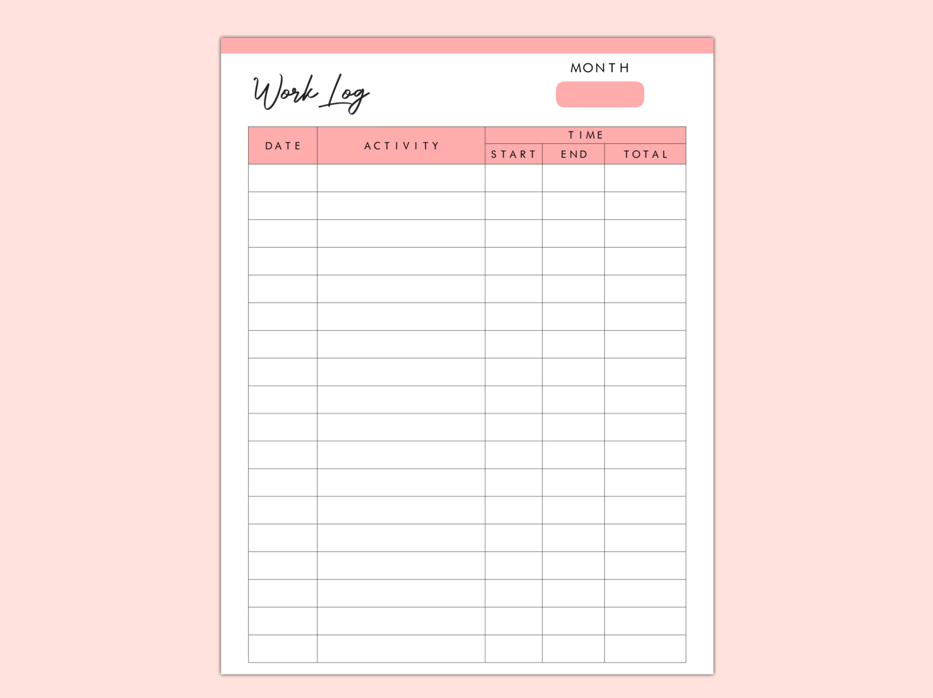 Work Log Printable - Working Hours Log - Time Spent Tracker - Working ...