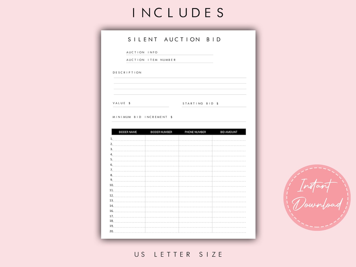 Silent Auction Bid Sheet Printable: Fundraiser Bidding Form (PDF ...