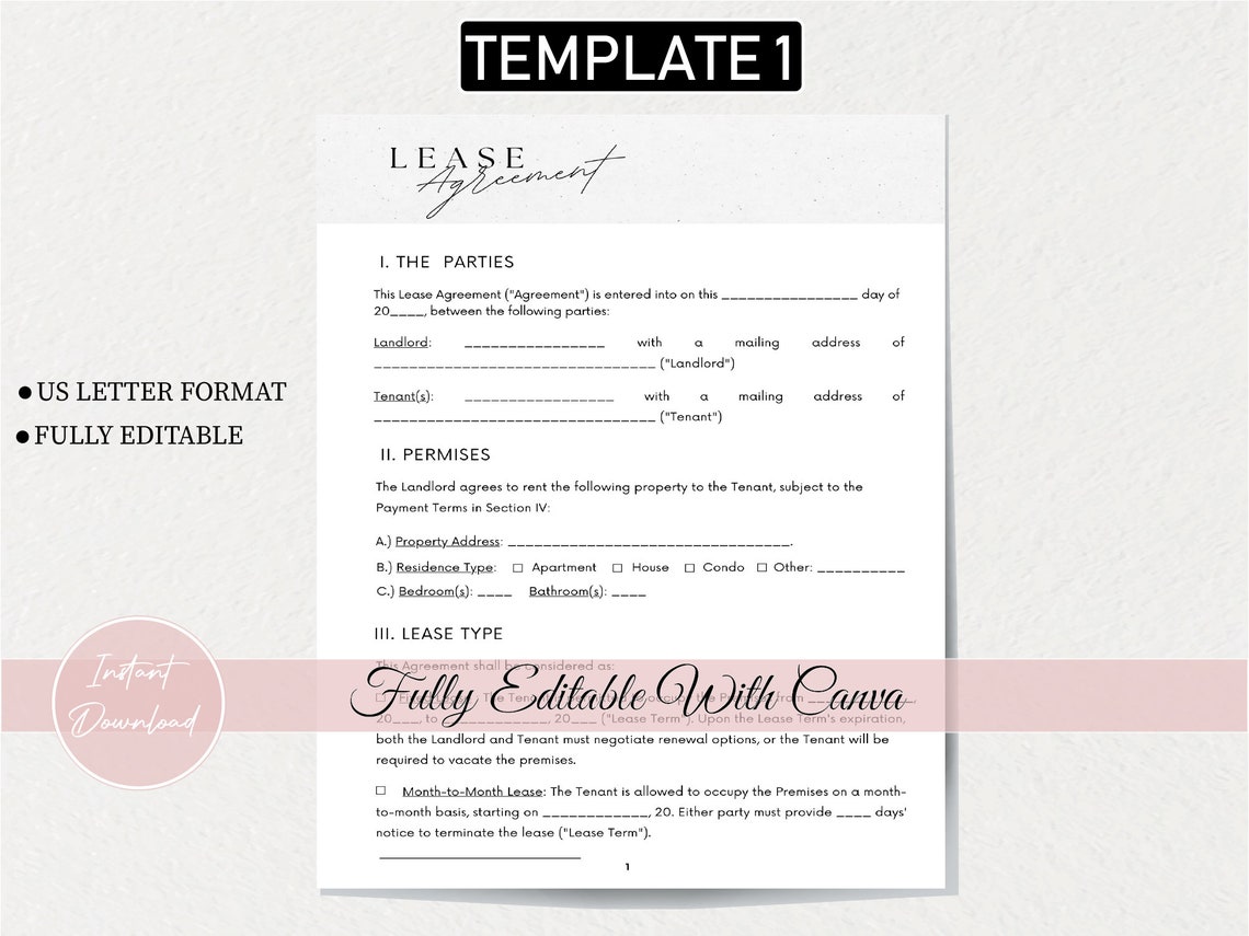 Editable Lease Agreement Template: Landlord-tenant Contract (digital ...