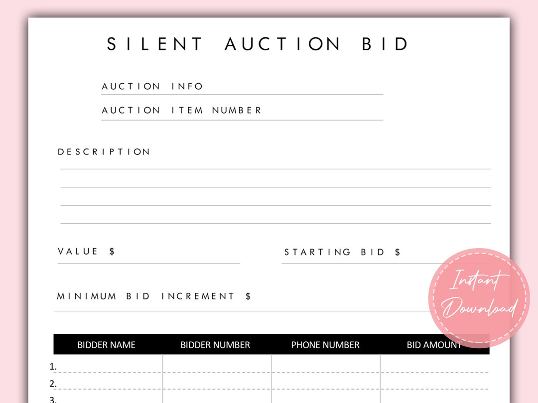Silent Auction Bid Sheet Printable: Fundraiser Bidding Form (PDF ...