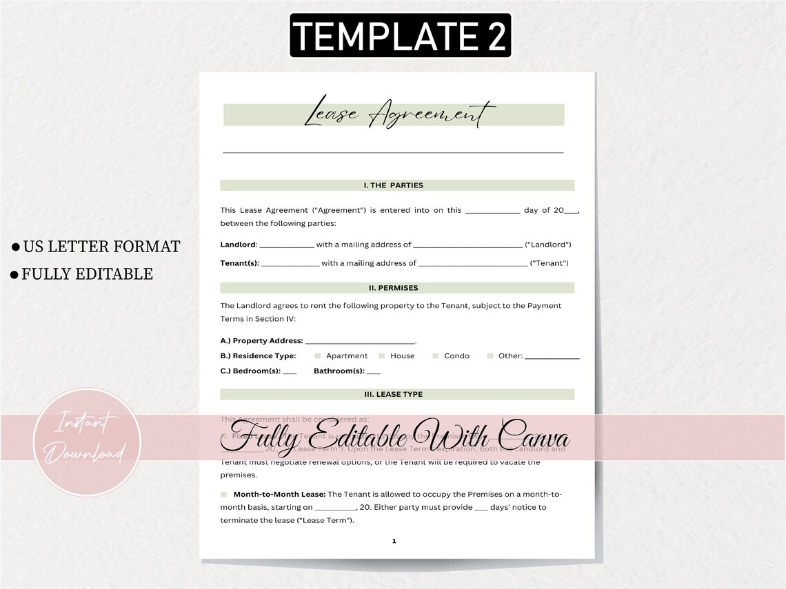 Editable Lease Agreement Template: Landlord-tenant Contract (digital ...