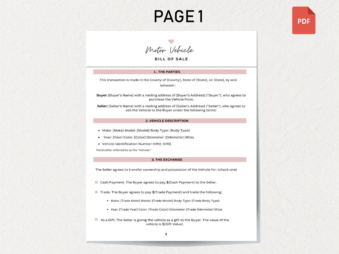 Fully Editable Motor Vehicle Bill Of Sale Template Printable Car Bill 1416