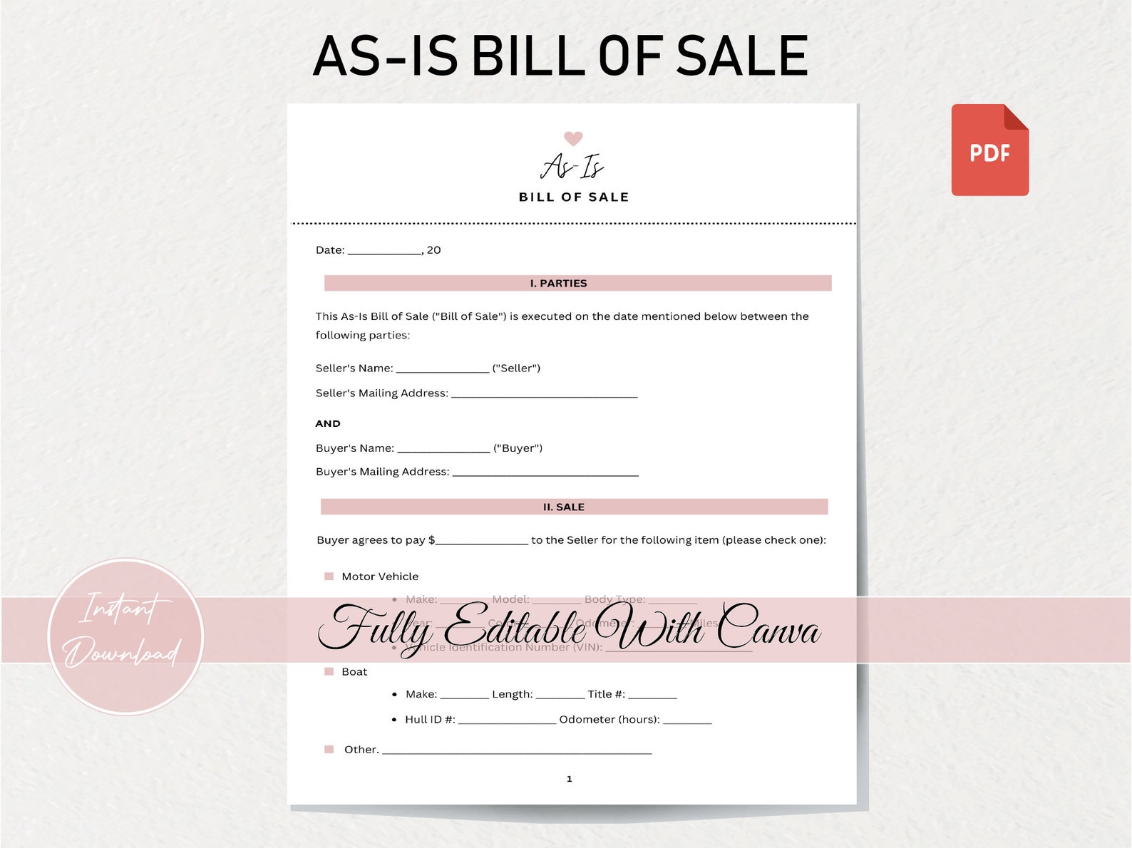 Editable As-is Bill of Sale Template: Legal Document for Vehicle, Boat ...