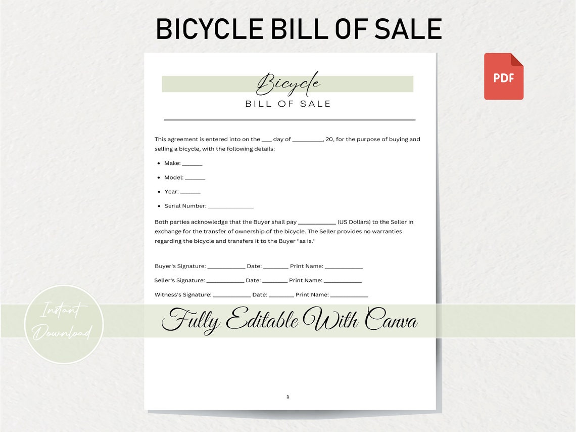 Printable Bicycle Bill of Sale Template - Professional and Editable ...
