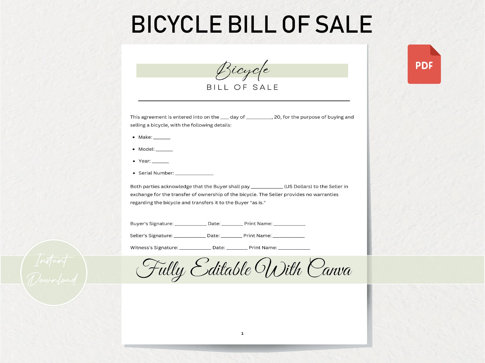 Printable Bicycle Bill of Sale Template - Professional and Editable ...