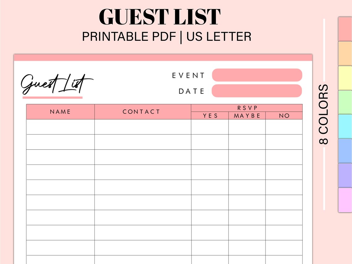Printable Guest List Planner | Guest List Tracker | RSVP Tracker ...