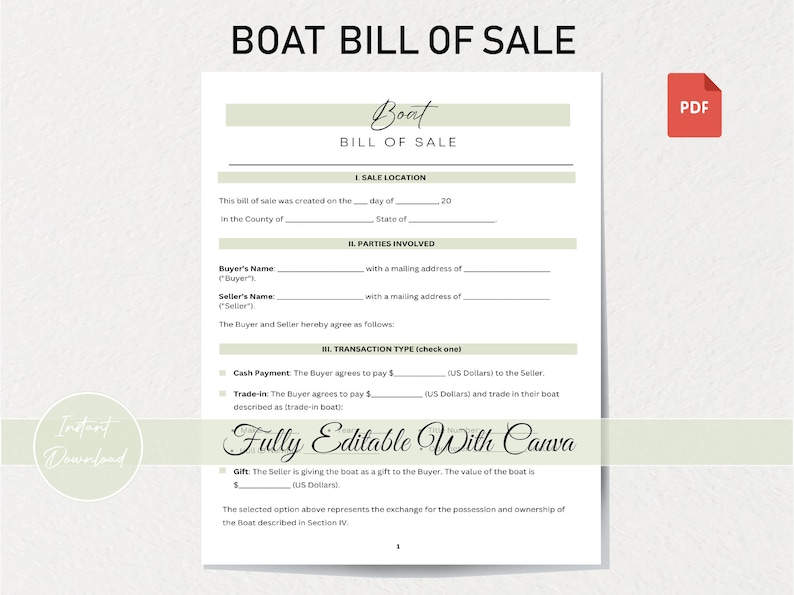 Boat Bill of Sale Template | Printable Canva Design | Legal Document ...