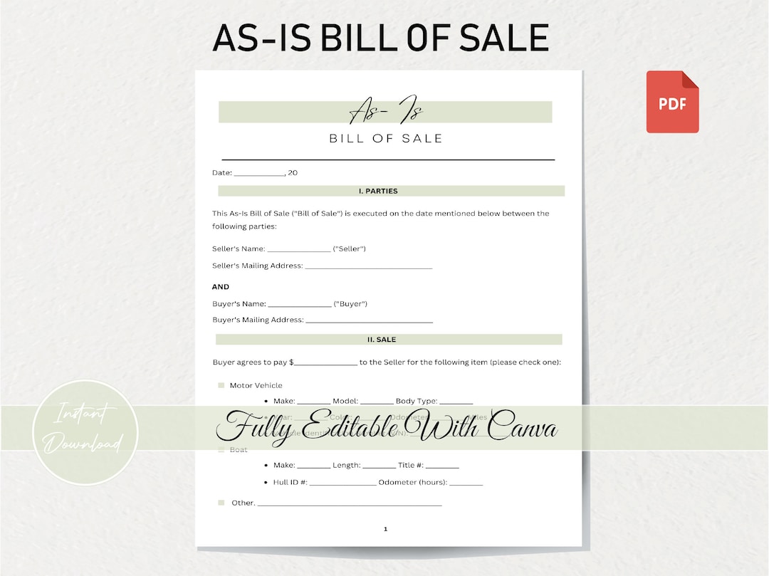 Customizable As-is Bill of Sale Template: Printable Legal Contract for ...