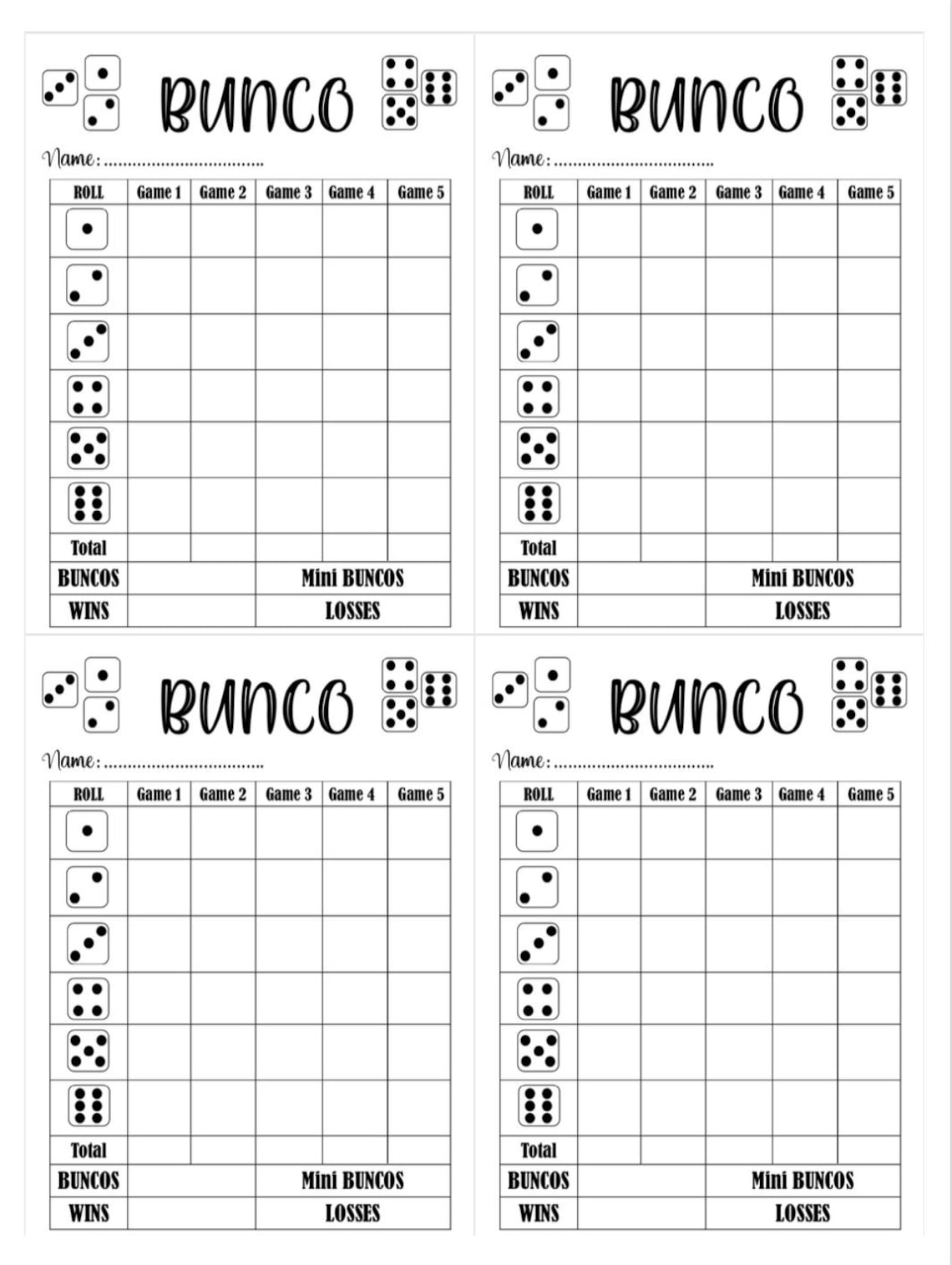 4 Bunco Score Card - Bunco Scoresheet - Bunco Score Pads - Printable ...