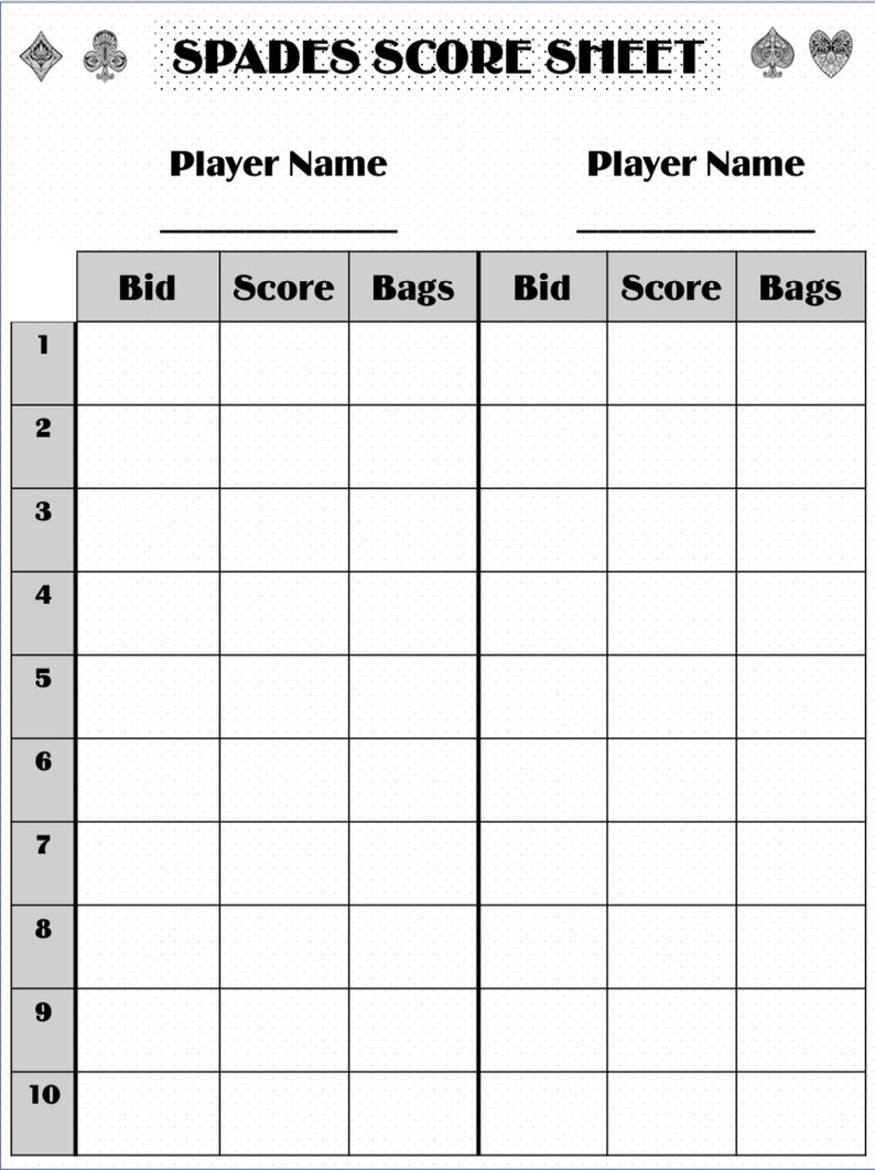Spades Score Card - Spades Scoresheet - Spades Score Pads - Printable ...