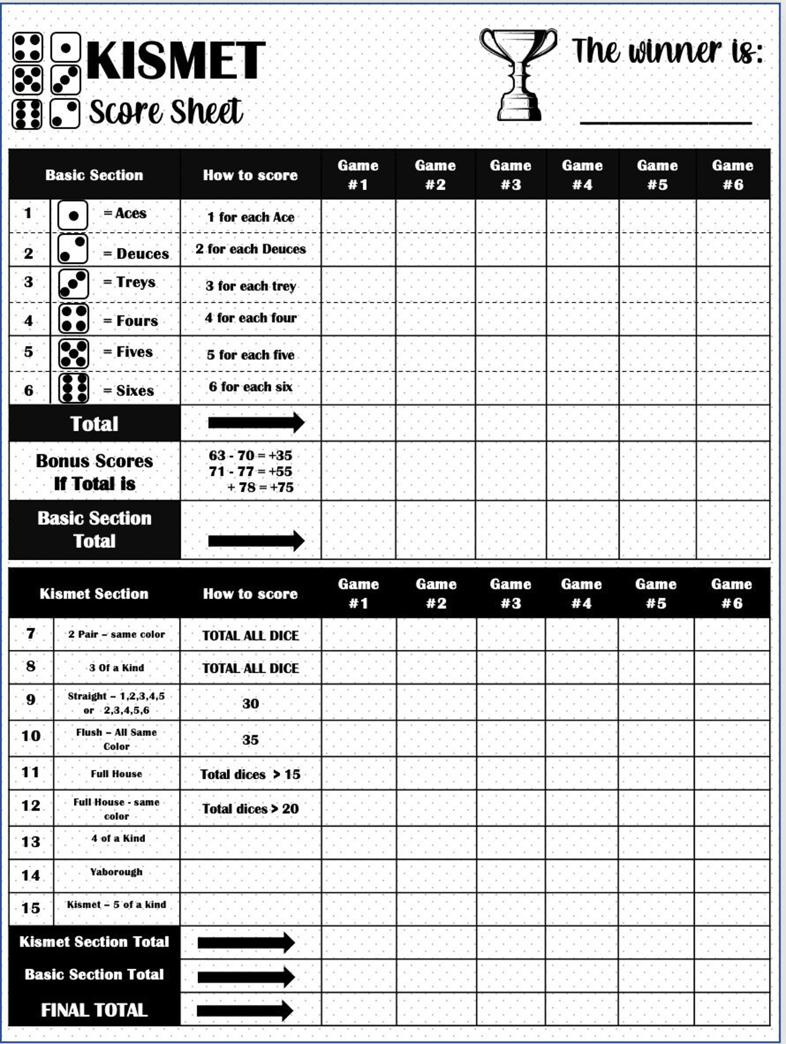 Kismet Score Card - Kismet Scoresheet - Kismet Score Pads - Printable ...