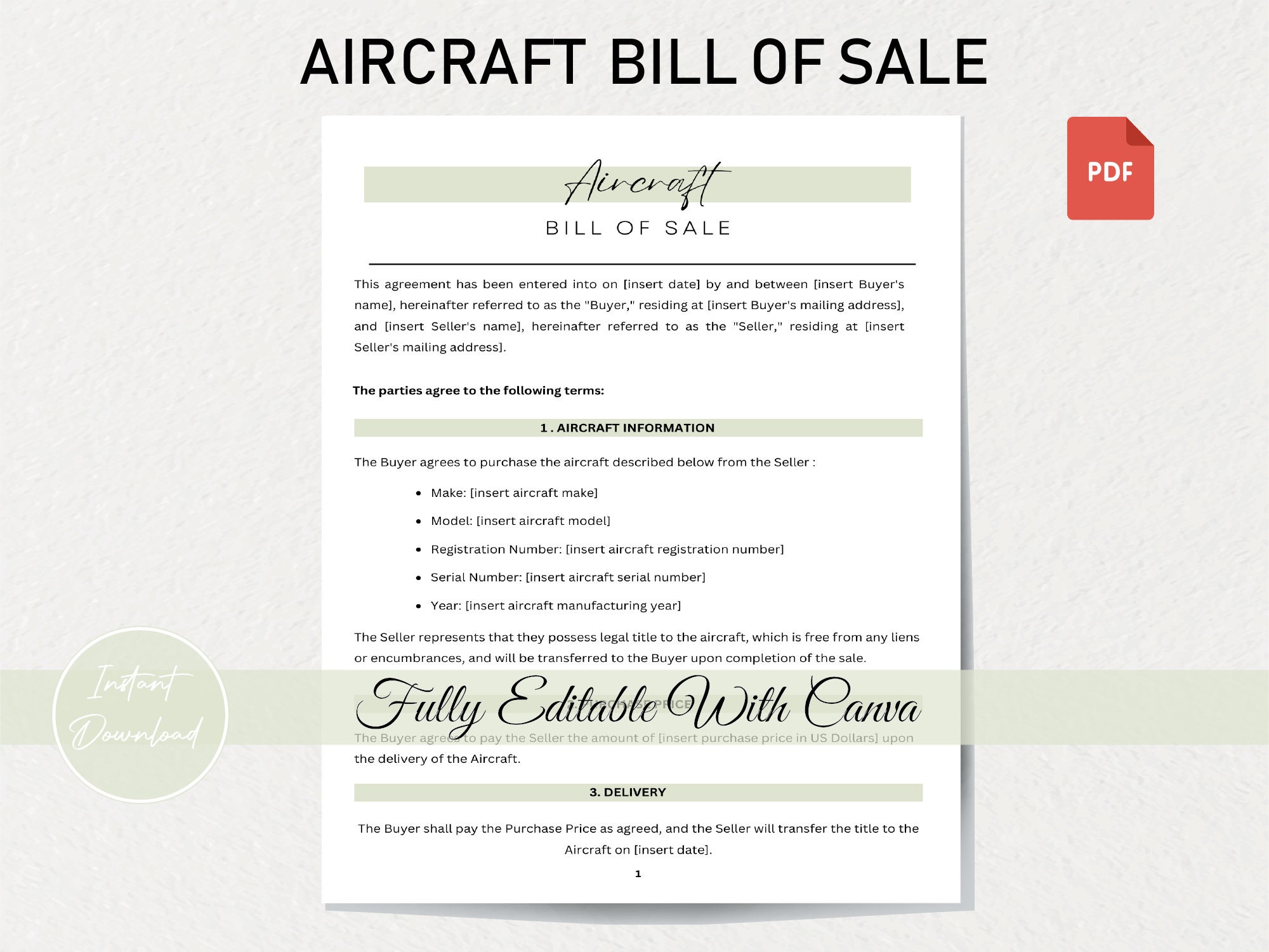 Editable Aircraft Bill of Sale Template | Printable PDF | Canva ...