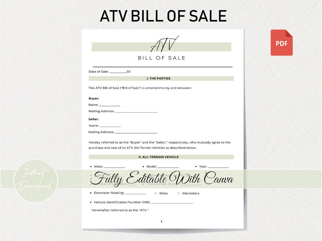 Professional ATV Bill of Sale Template | Easy-to-use | Customizable ...
